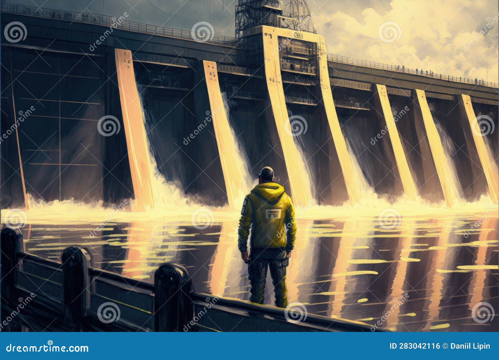 A Futuristic Engineer Standing on a Platform Observing a High-tech Dam ...