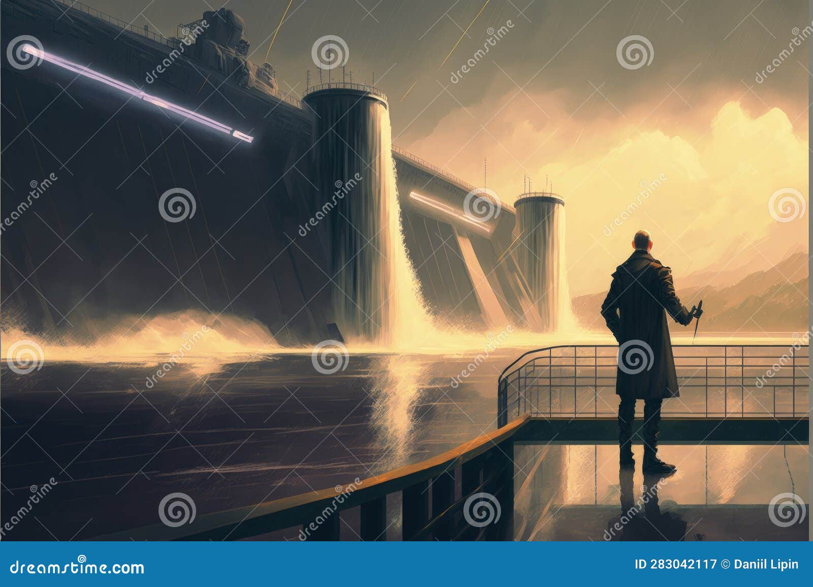 A Futuristic Engineer Standing on a Platform Observing a High-tech Dam ...