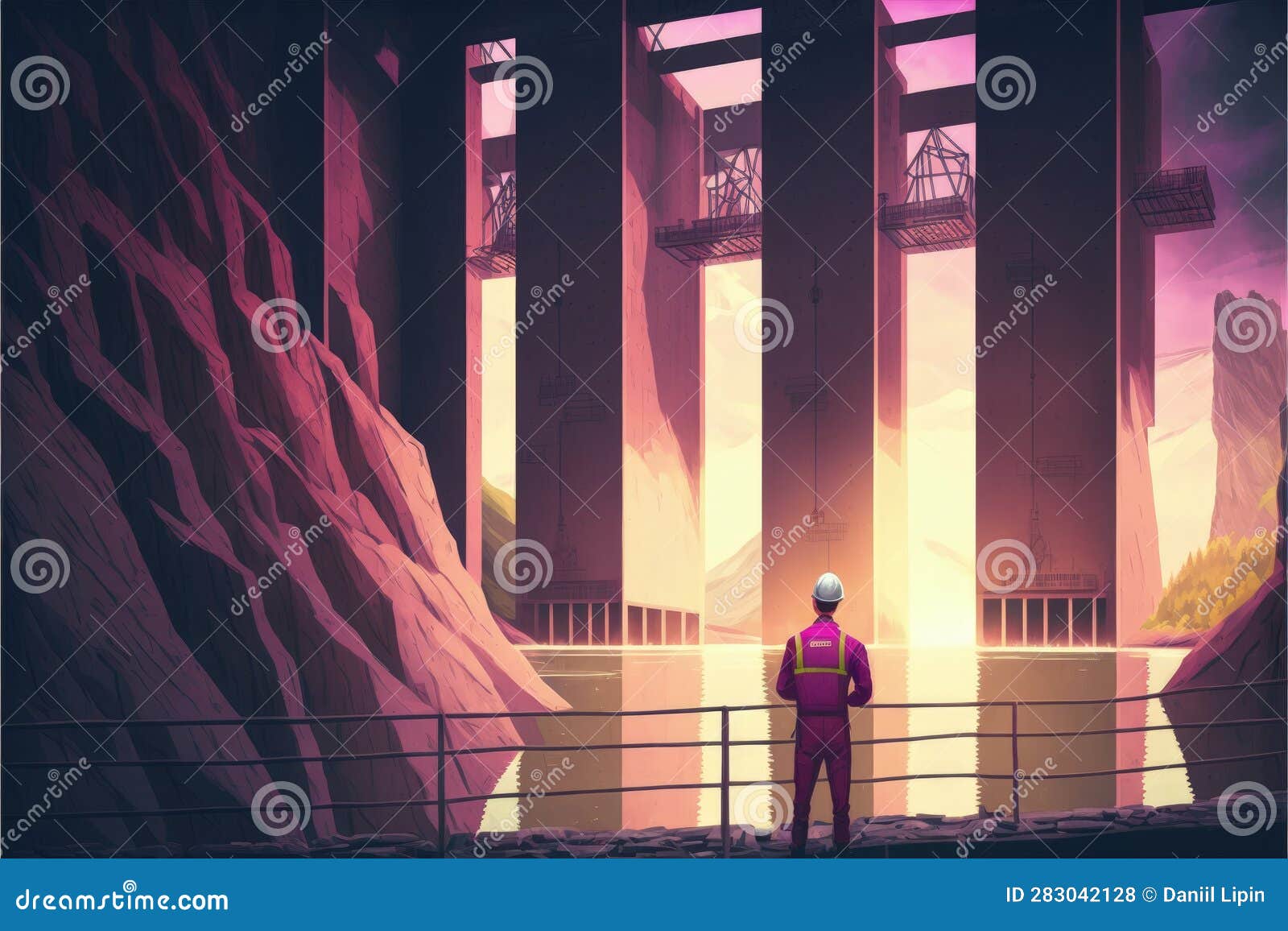 A Futuristic Engineer Standing on a Platform Observing a High-tech Dam ...