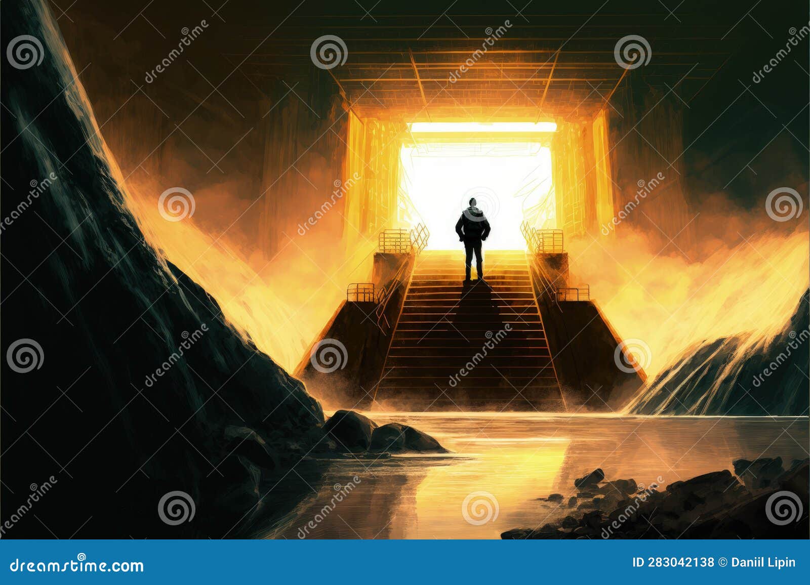 A Futuristic Engineer Standing on a Platform Observing a High-tech Dam ...