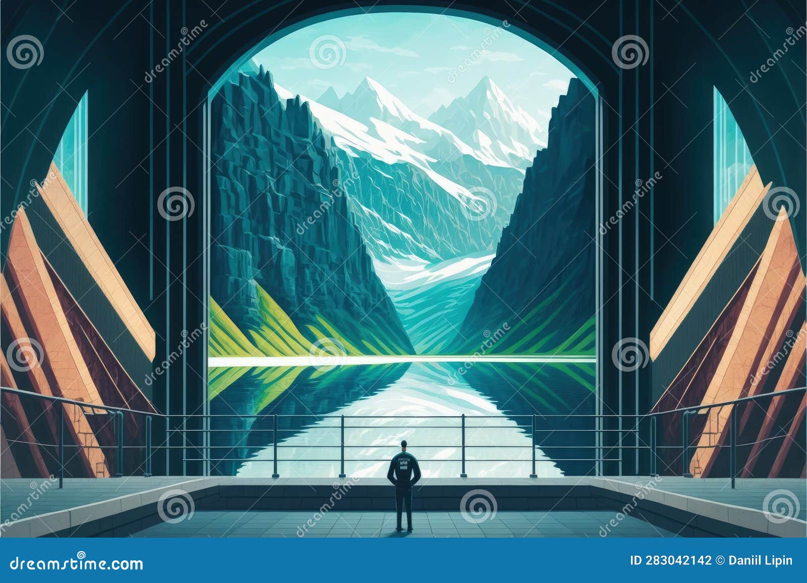 A Futuristic Engineer Standing on a Platform Observing a High-tech Dam ...