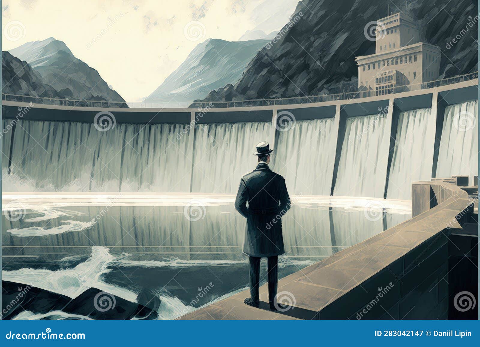 A Futuristic Engineer Standing on a Platform Observing a High-tech Dam ...
