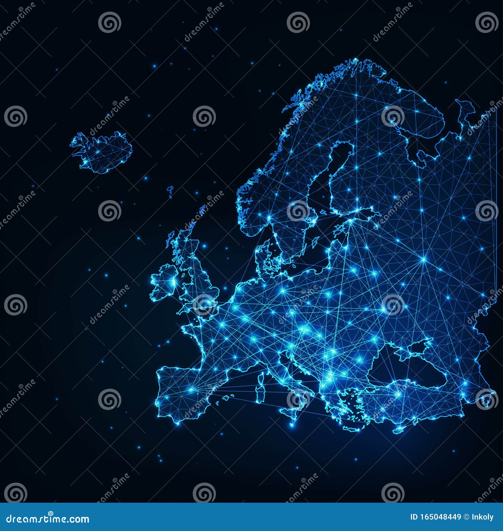 Futuristic Europe Outline Connectivity Map with Lines, Stars, Triangles ...