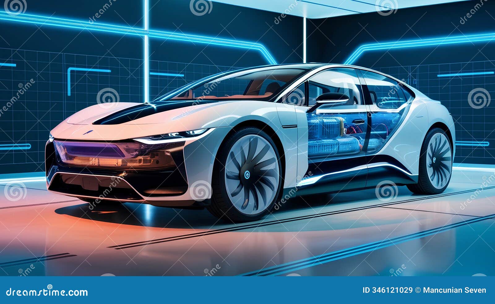 A Futuristic EV with a Transparent Section Showing the Solid-state ...