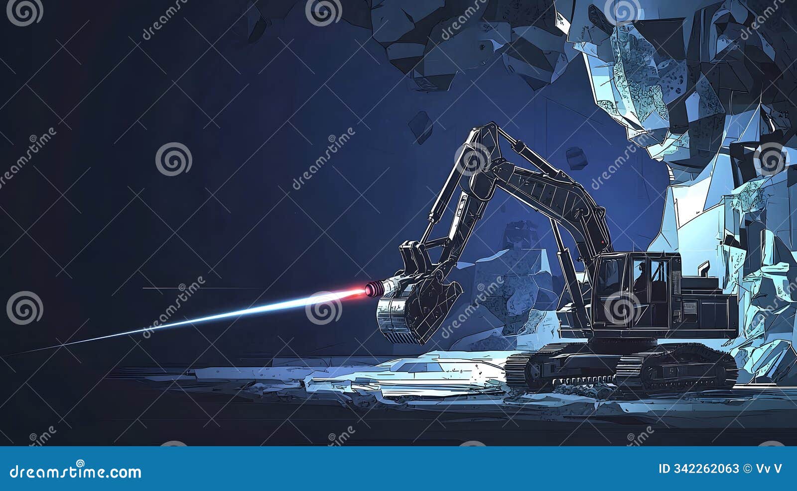 Futuristic Excavator with Laser in Dark Cave Stock Illustration ...