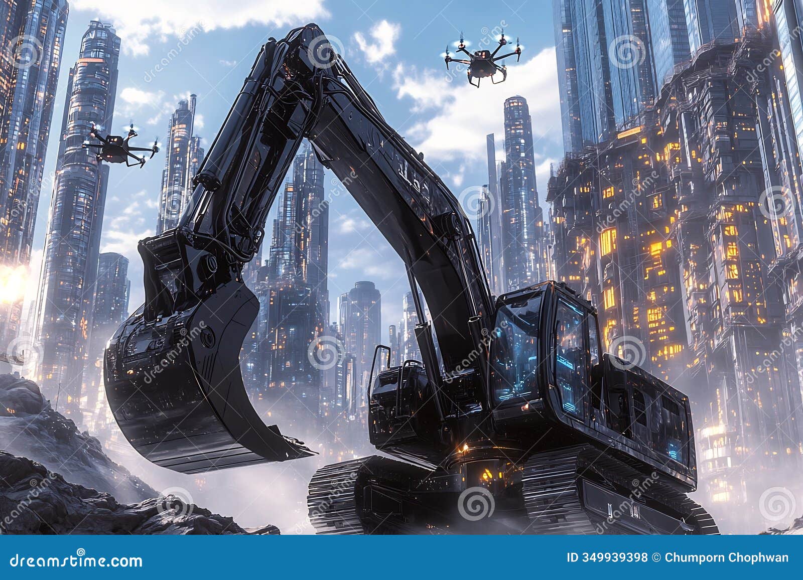 Futuristic Excavator Maneuvering in High Tech Construction Zone with ...