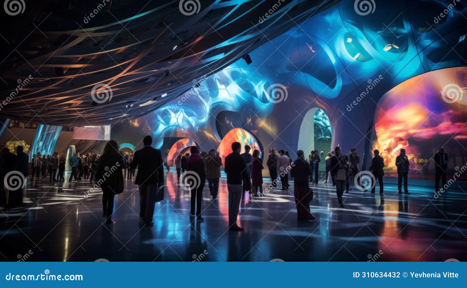 Futuristic Exhibition Space with Dynamic Lighting and Crowd. Generative ...
