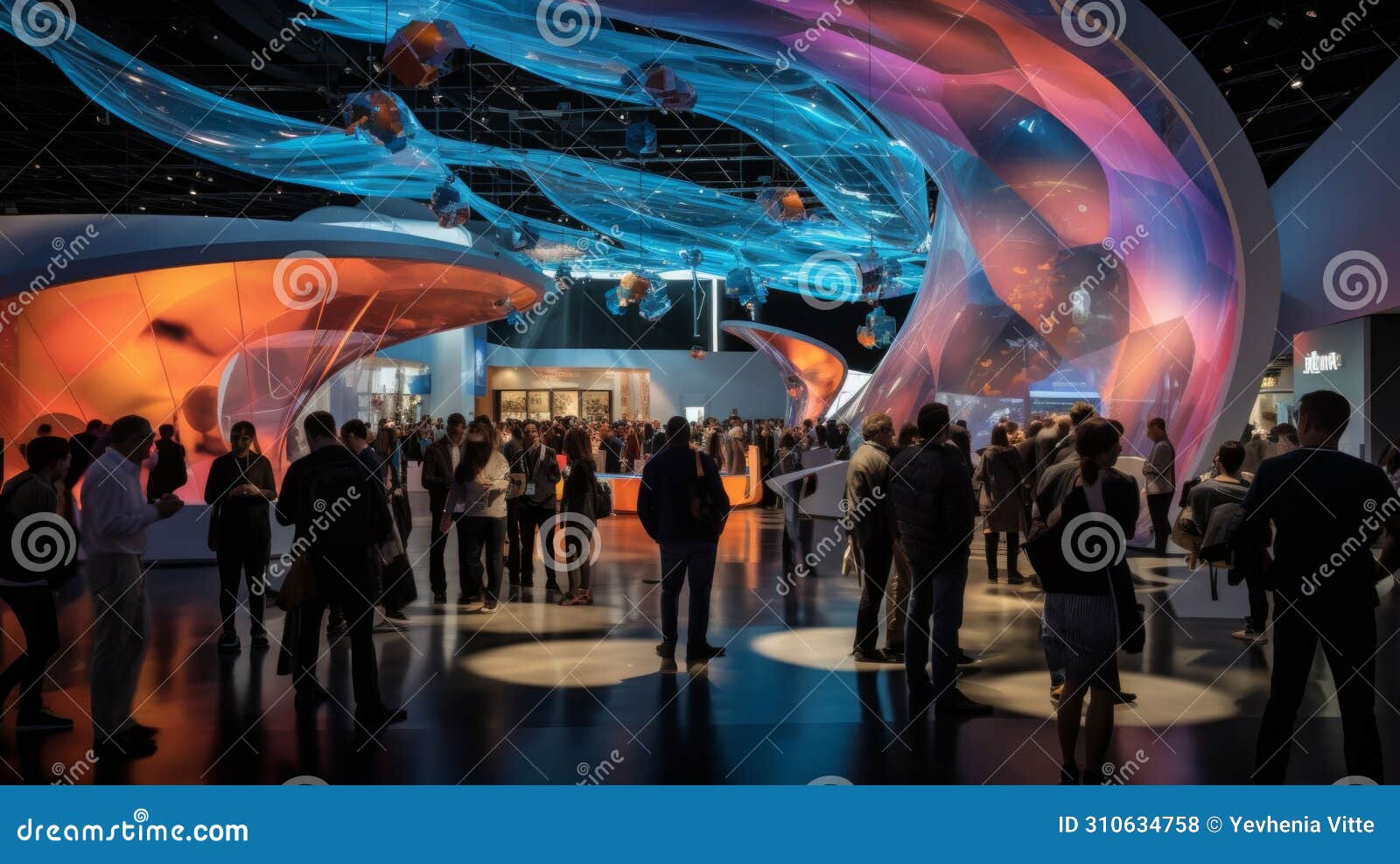 Futuristic Exhibition Space with Dynamic Lighting and Crowd. Generative ...