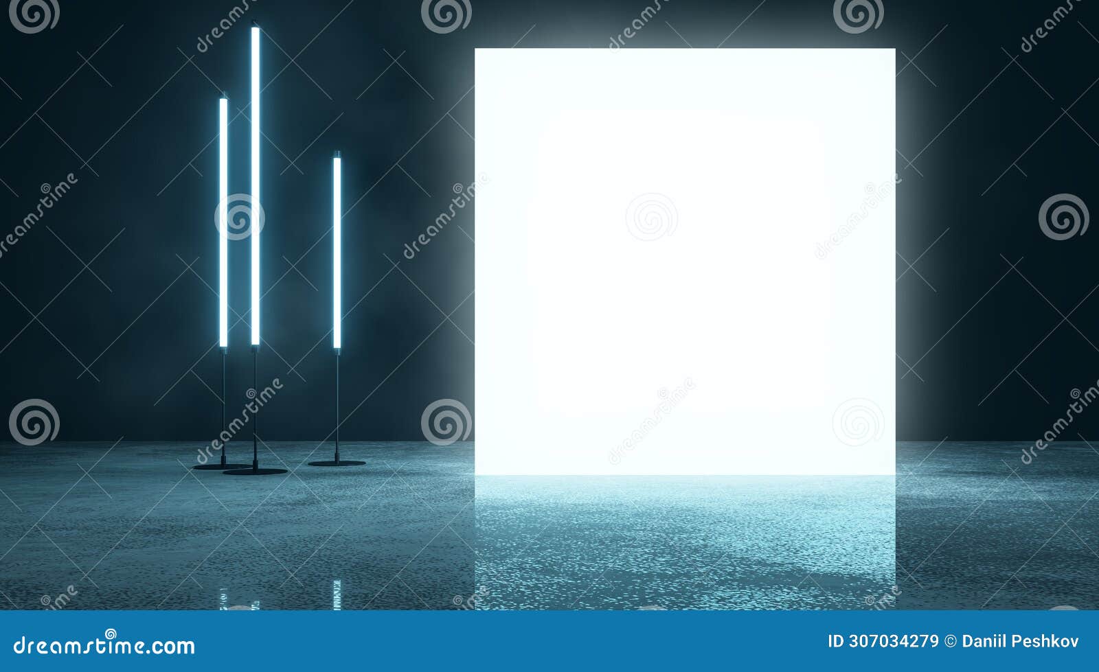 Futuristic Exhibition Space with Glowing Blank Display and Vertical ...