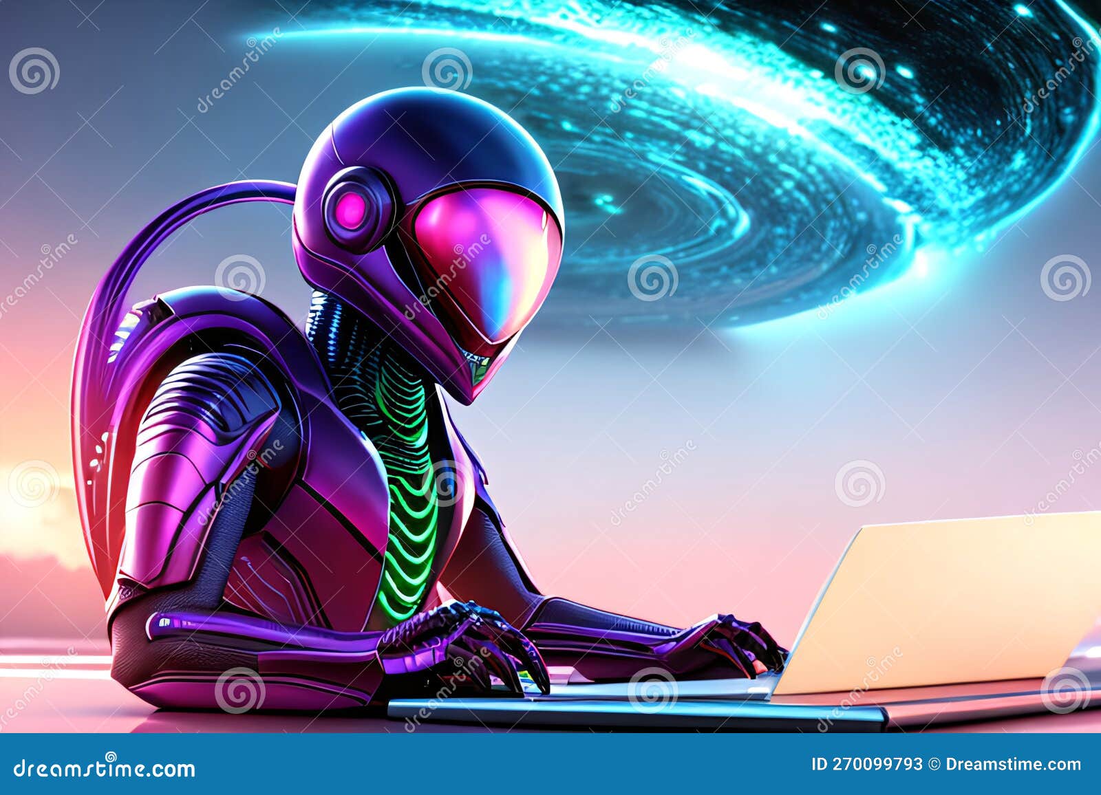 Alien Hacker in a Surreal Landscape with Laptop Stock Illustration ...