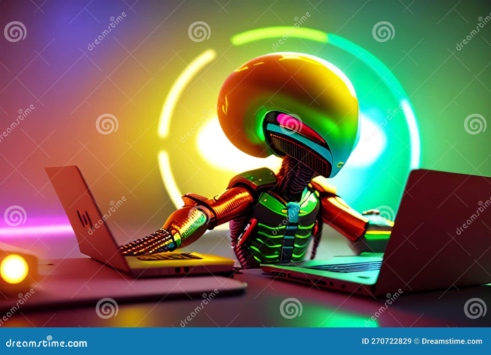 Futuristic Alien Hacker Using Laptop in Outer Space Stock Illustration ...