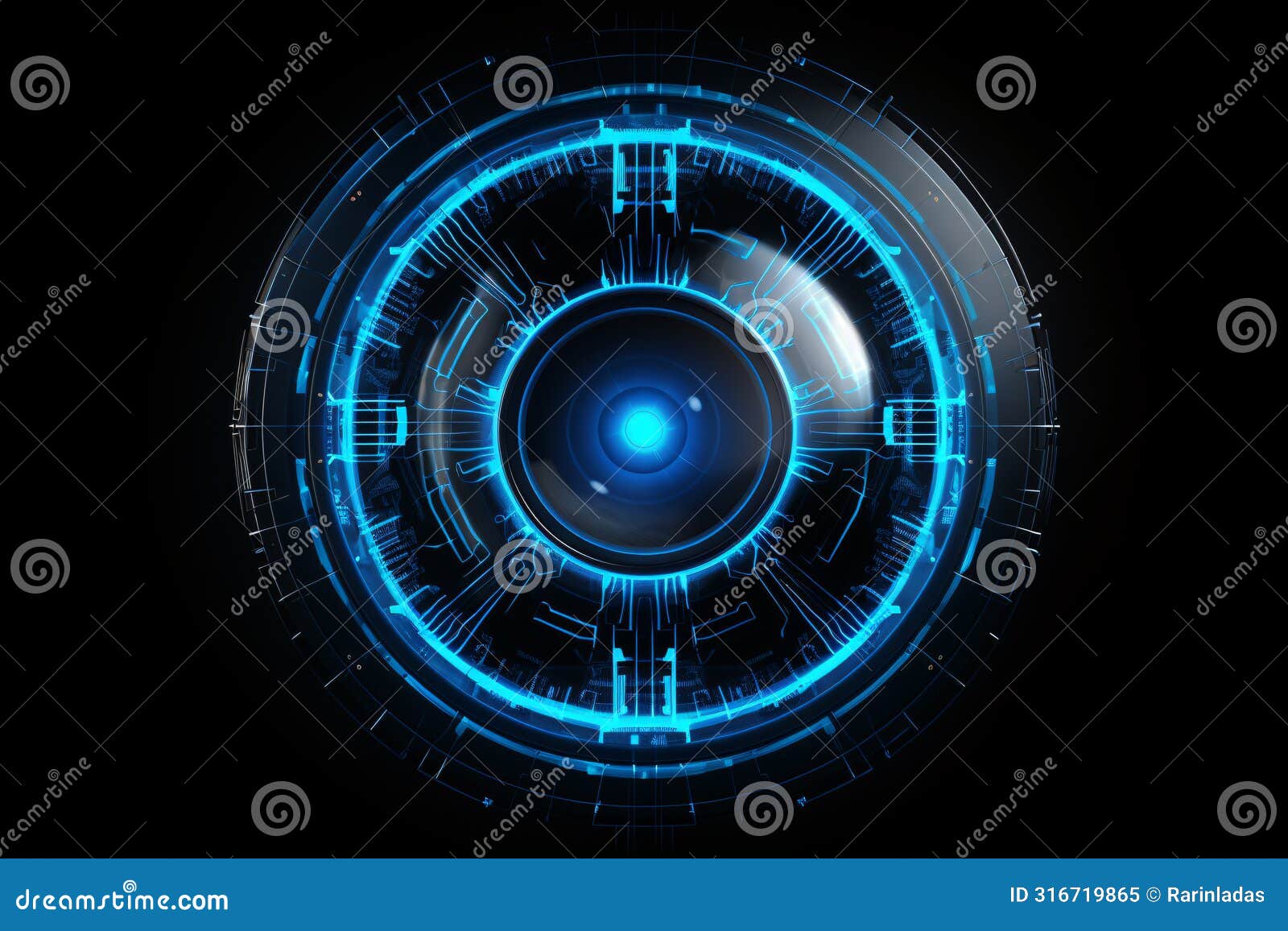 A Futuristic Eye with a Glowing Blue Lens on a Black Background Stock ...