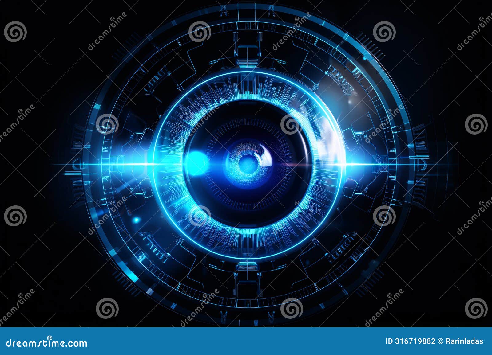 A Futuristic Eye with a Glowing Blue Lens on a Black Background Stock ...