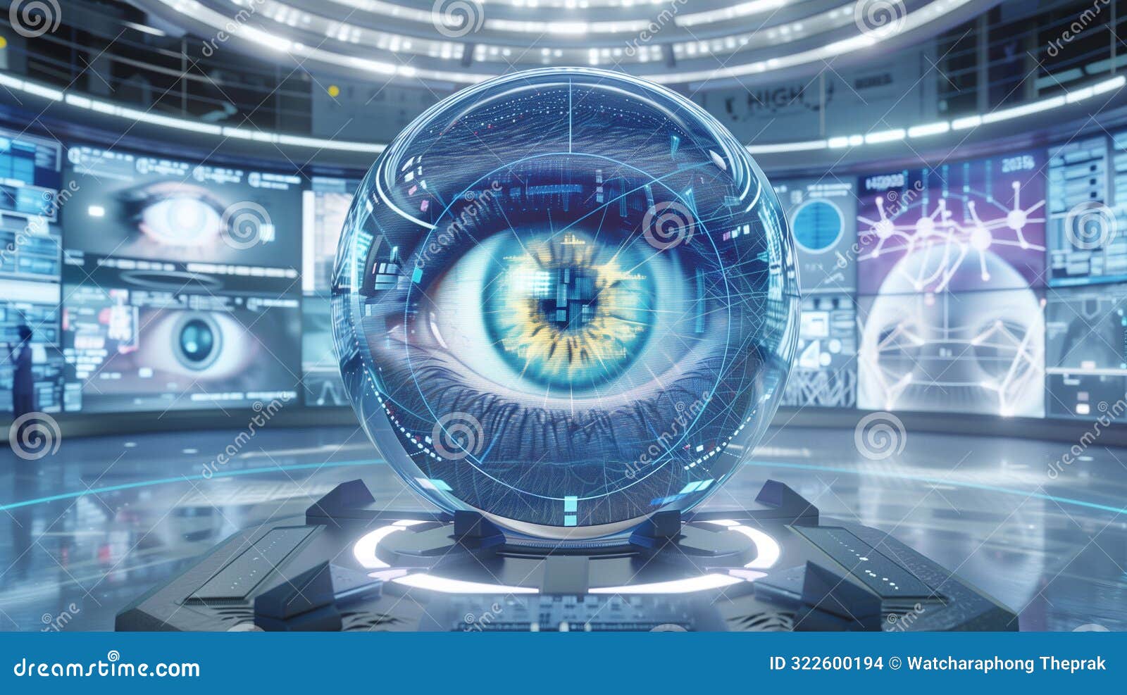 Futuristic Eye in Sphere, Dark Room with Screens Stock Illustration ...