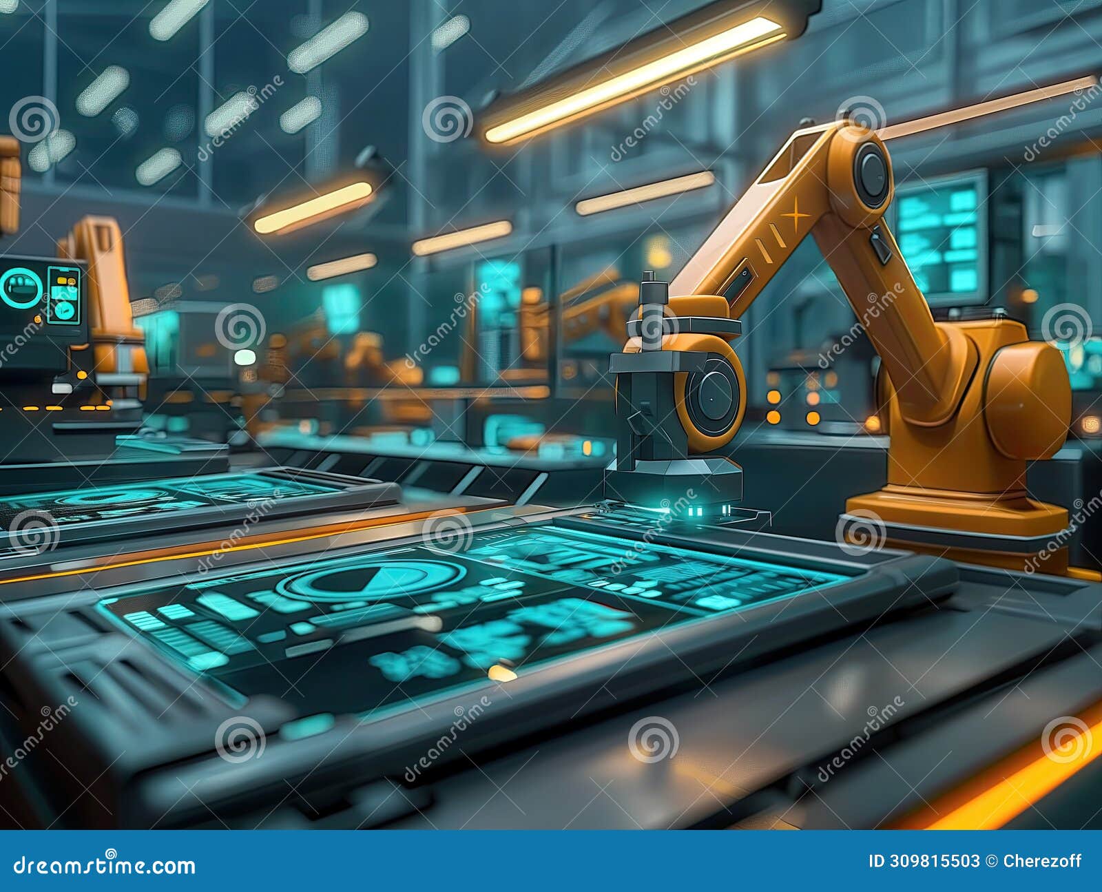 Futuristic Factory Floor with Digital Integration Stock Image - Image ...