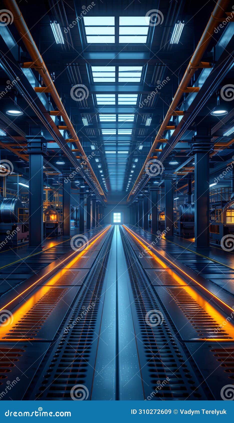 Futuristic Factory Interior with Glowing Orange Lines Stock Image ...