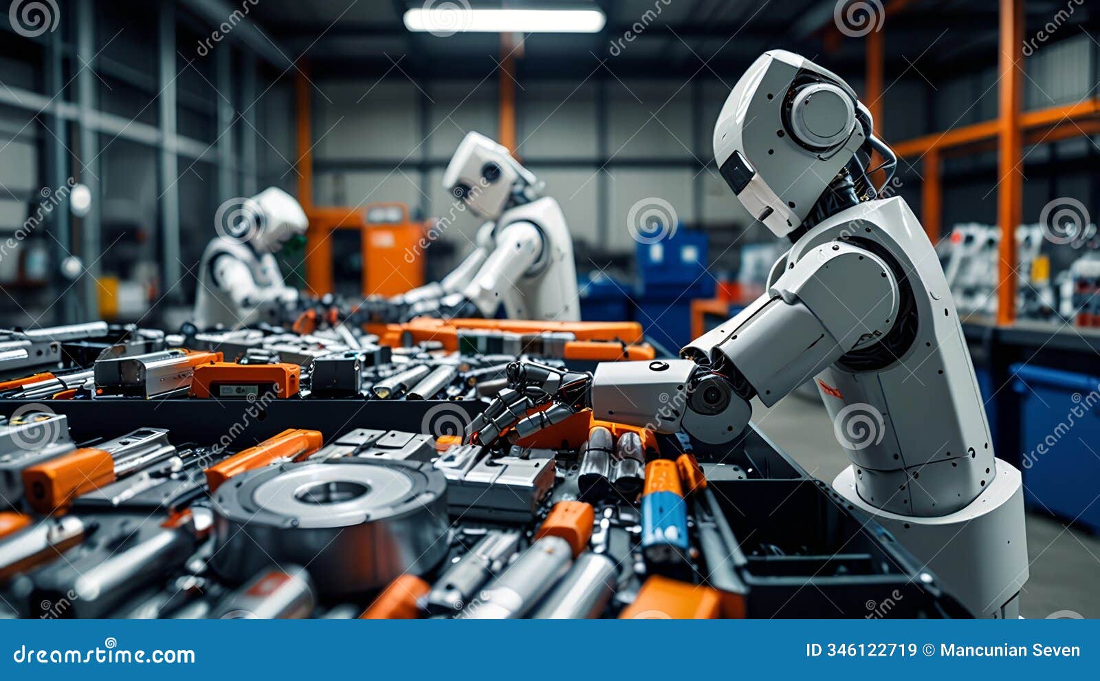A Recycling Facility with Robotic Arms Disassembling Old Batteries ...