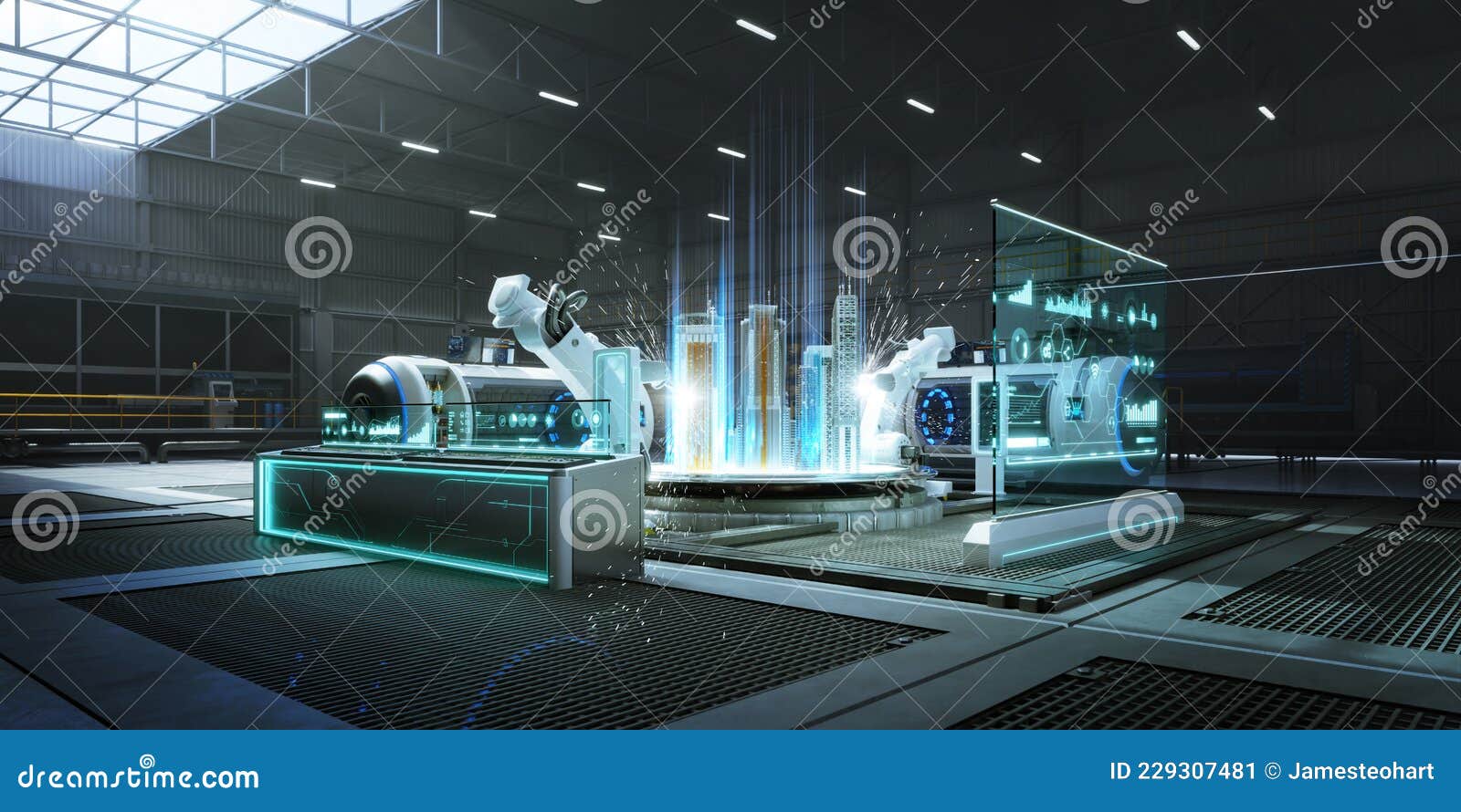 Futuristic Factory or Workshop with Assembly Robot Arms and Virtual ...
