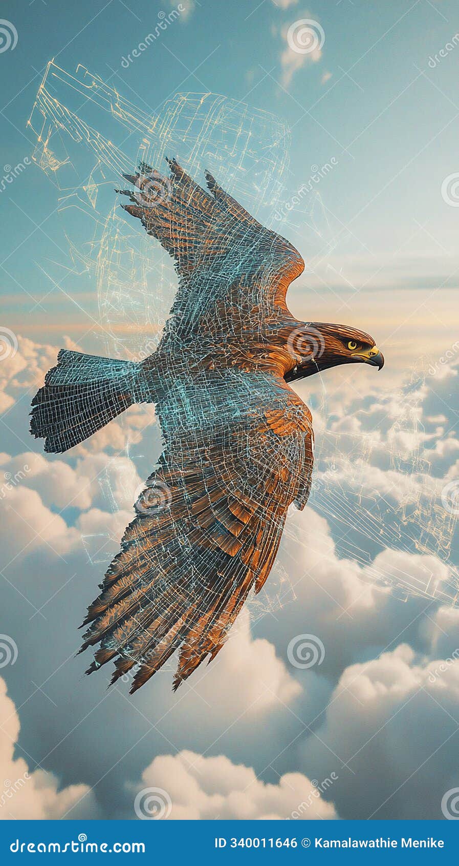 Futuristic Falcon Flying through a Sky of Digital Clouds Stock ...