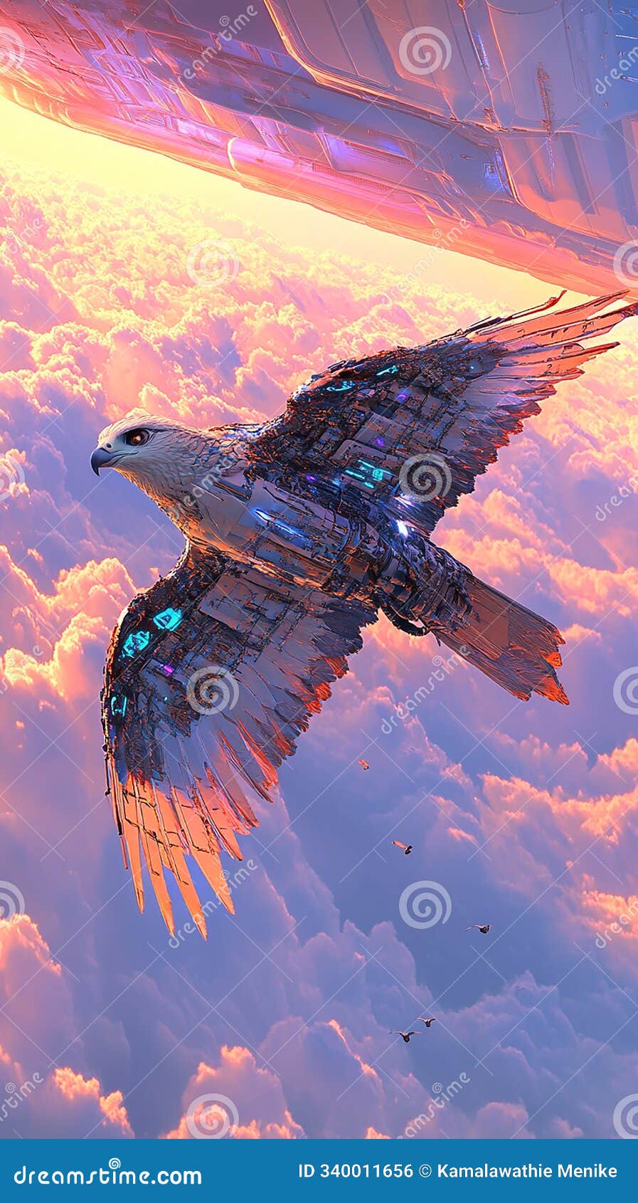 Futuristic Falcon Flying through a Sky of Digital Clouds Stock ...