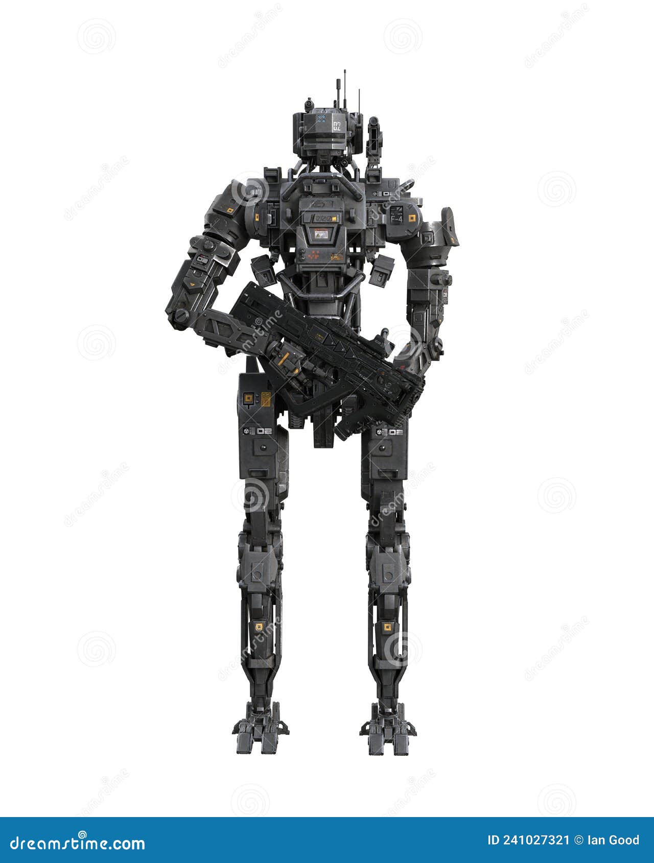 Futuristic Fanatsy Robot Droid Holding A Submachine Gun. 3D ...