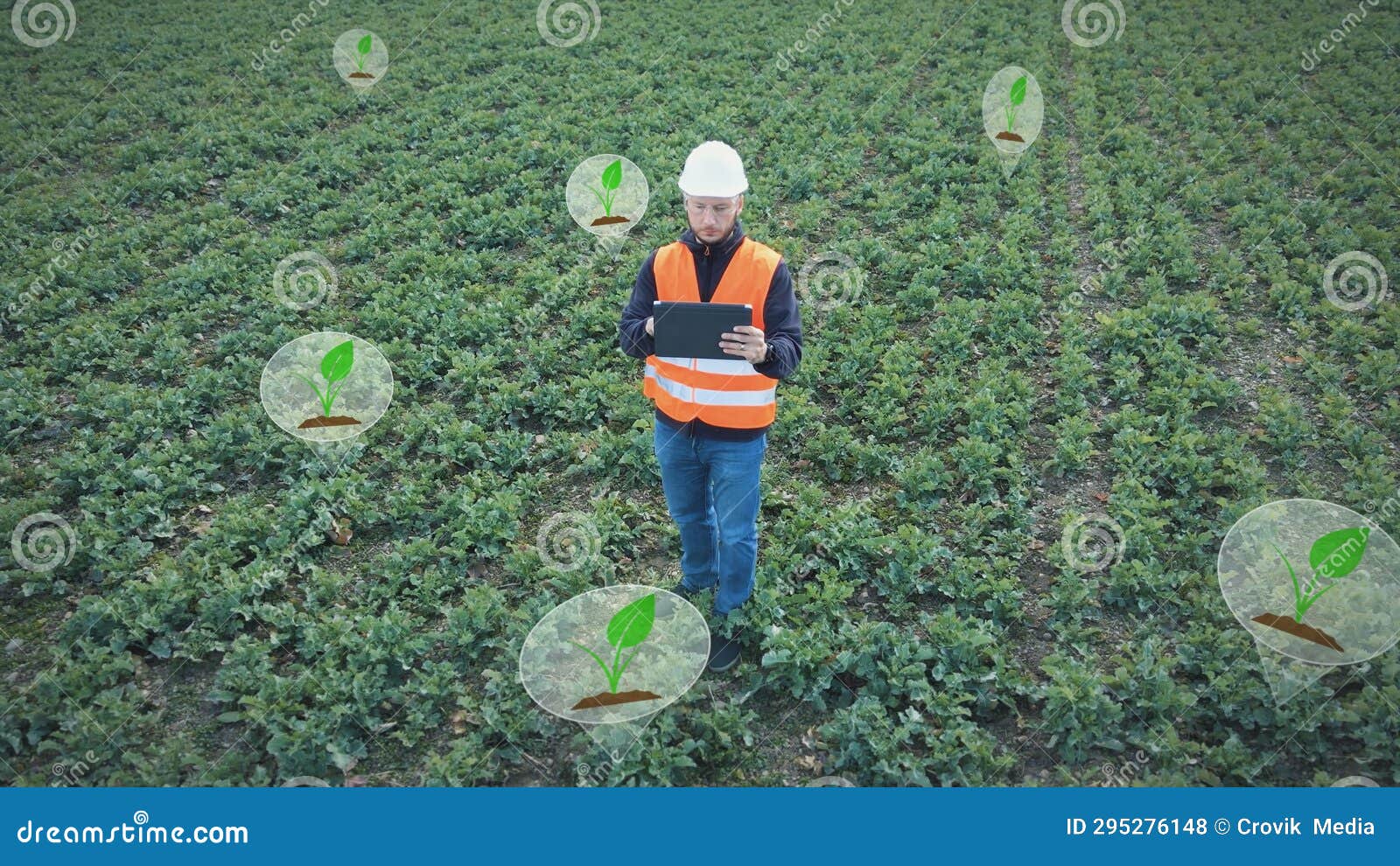 Futuristic Farmer Engineer Inspect the Land Crops Growing Efficiency ...