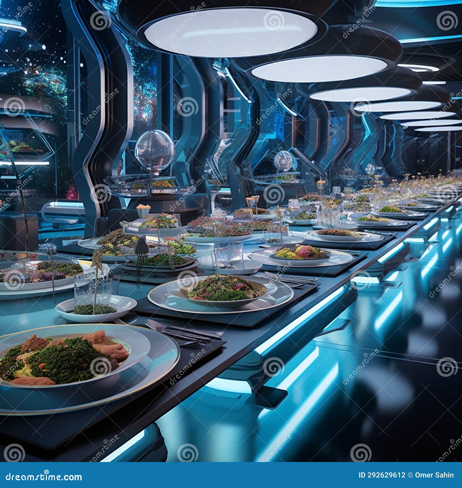 Futuristic Feast with Science Fiction Dining Setup Stock Illustration ...