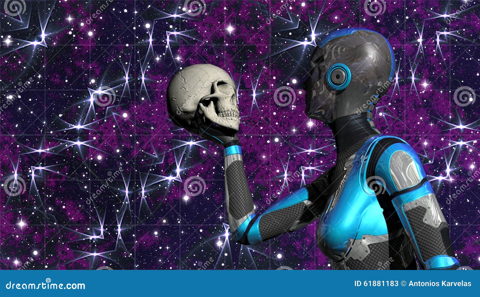 Futuristic Female Android in Deep Space Holding Human Skull Stock ...