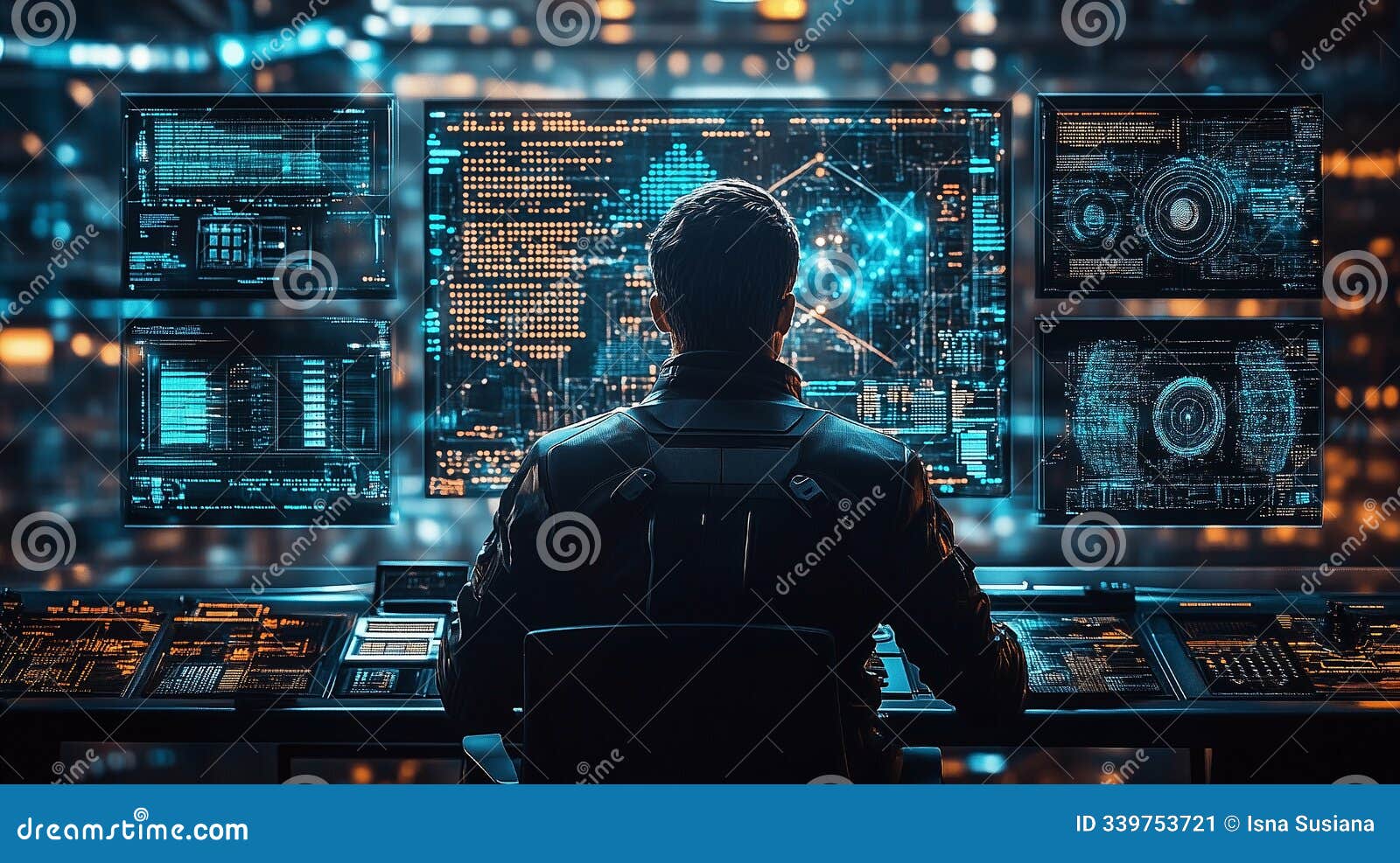 Futuristic Female Engineer Operating High-Tech Holographic Control ...