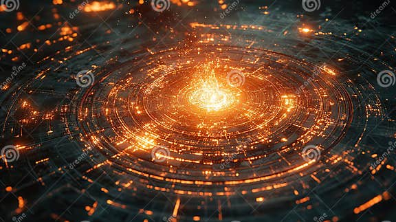 Futuristic Fiery Core Explodes, Circular Tech Backdrop, Energy Surge ...