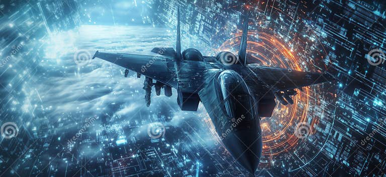 Futuristic Fighter Jet Flying through Digital Vortex in Space with ...
