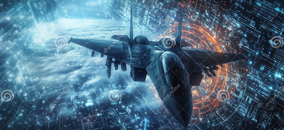 Futuristic Fighter Jet Flying through Digital Vortex in Space with ...