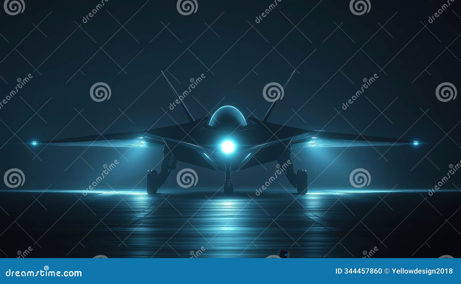 Futuristic Fighter Jet Illuminated in Atmospheric Hangar with Blue Neon ...