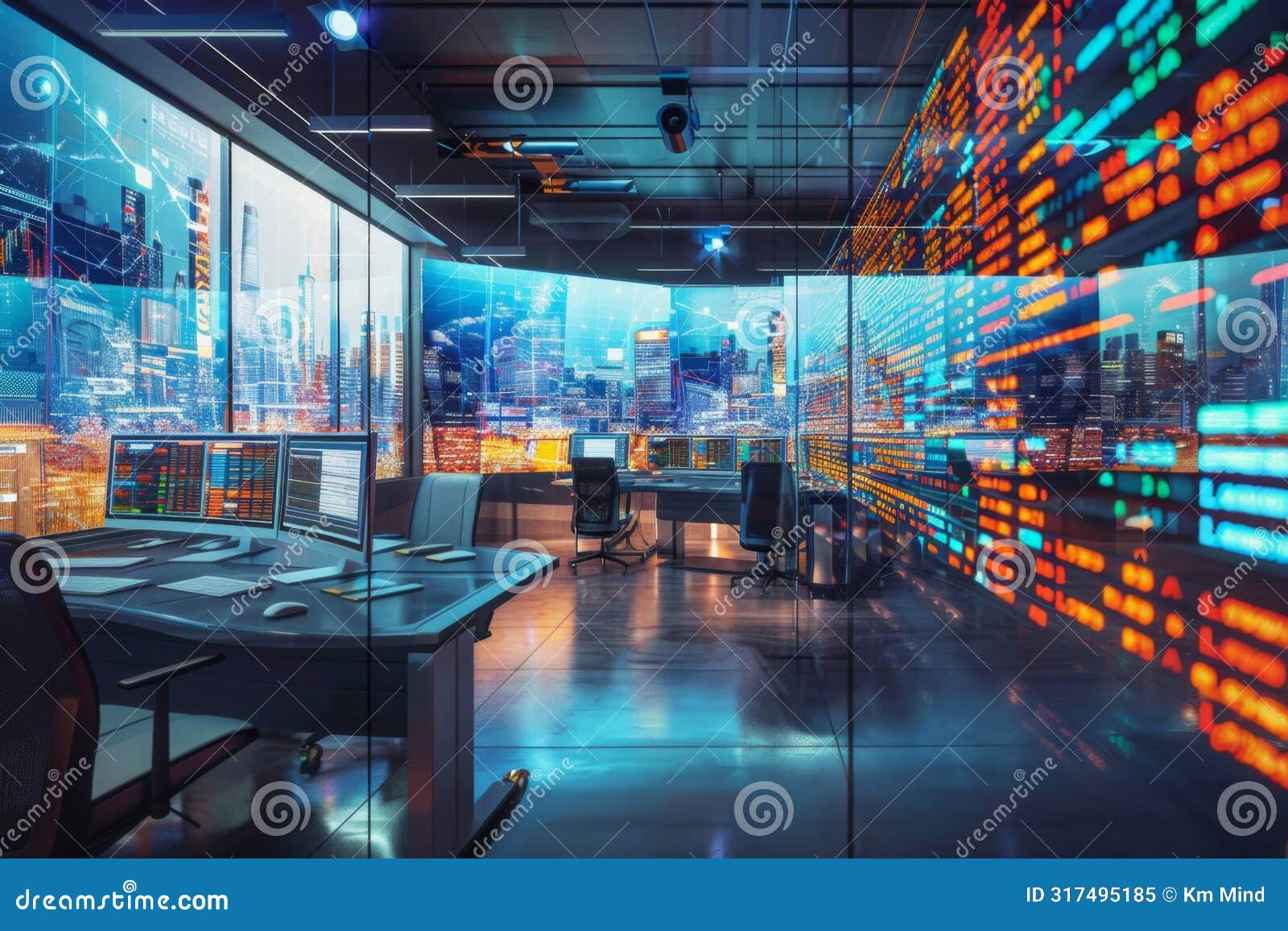 Futuristic Financial Office with Data Displays Stock Illustration ...
