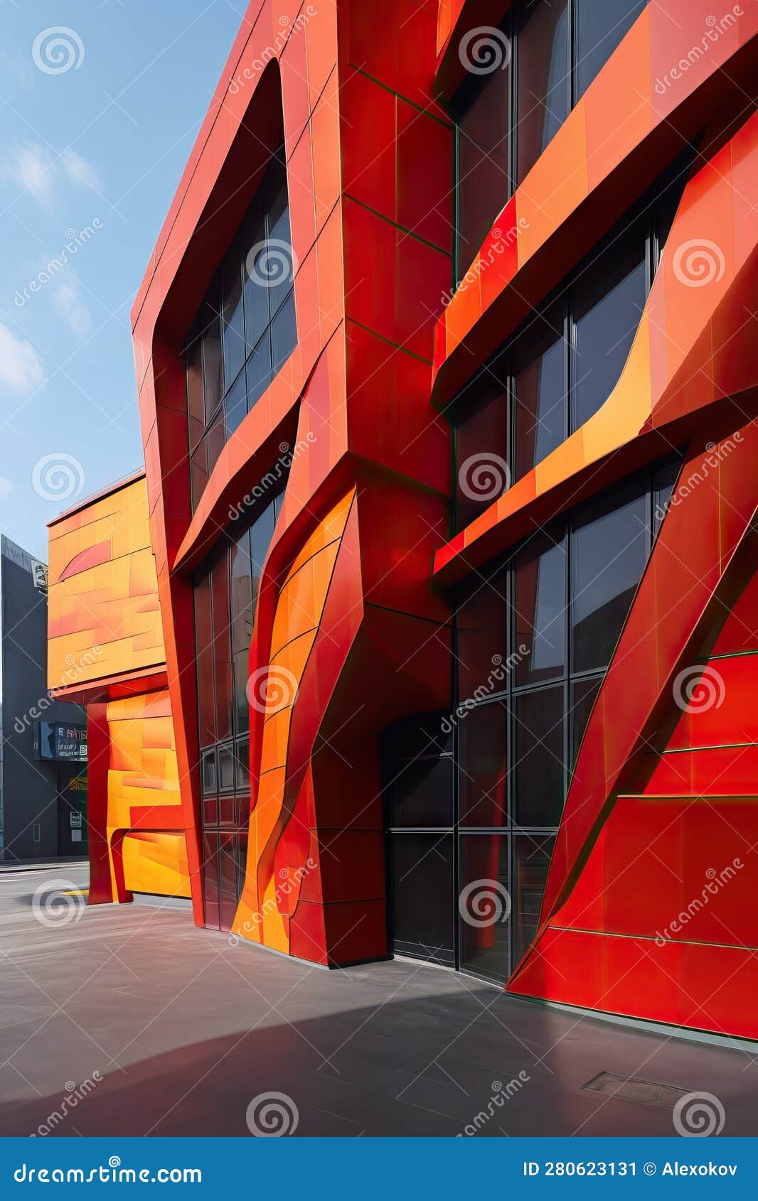 Futuristic Firehouse with Dynamic Angular Form and Flame Motif in Red ...