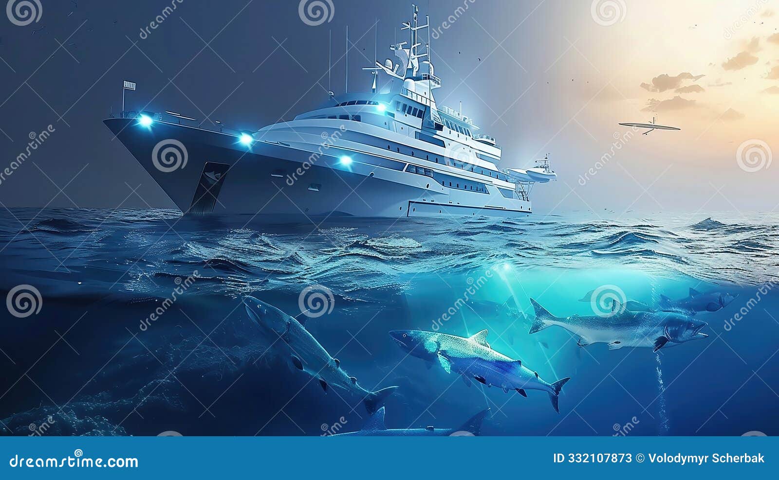 Futuristic Fishing Vessel with Advanced Technology, Including Robotic ...