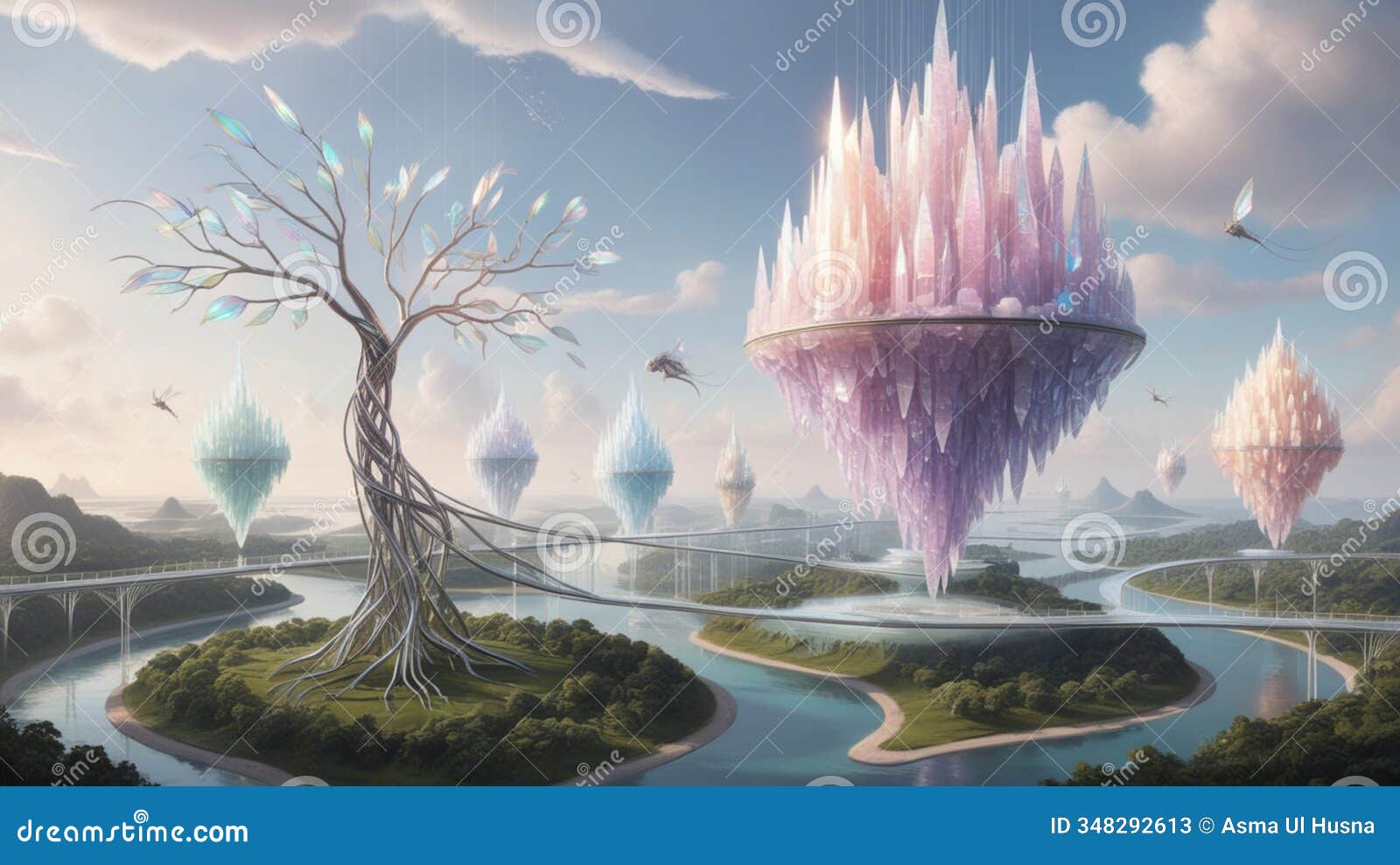 Futuristic Floating Cities In The Sky With Crystal Structures Royalty ...