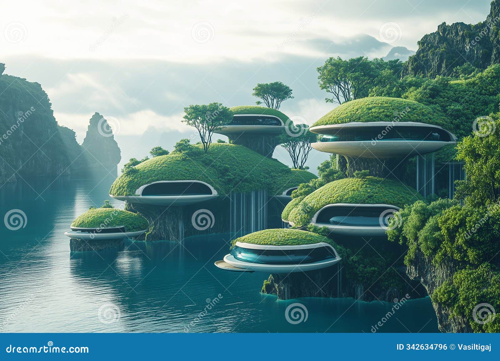 Futuristic Floating Islands in Nature Stock Illustration - Illustration ...
