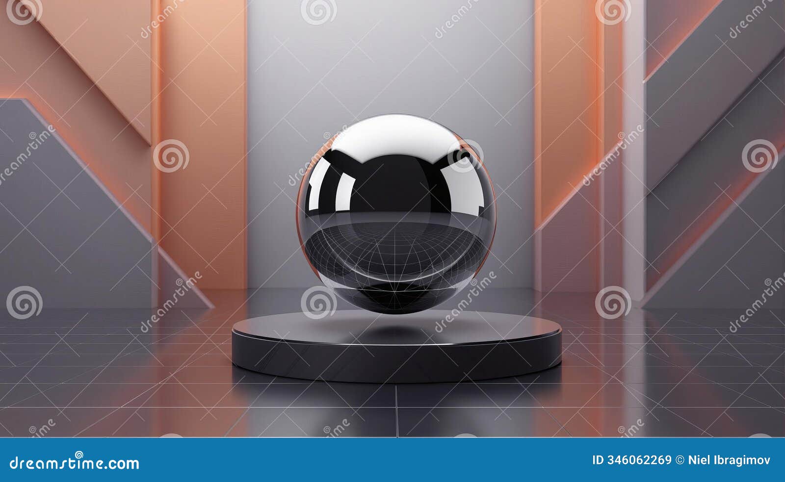 Futuristic Floating Metallic Sphere in Modern Minimalist Interior Stock ...