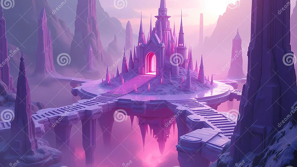 Futuristic Floating Temple with Structures in Violet Pink Light Stock Image - Image of street ...