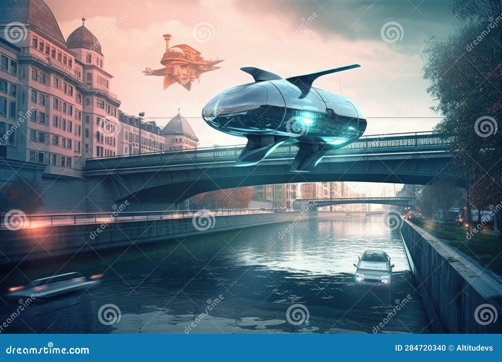 Futuristic Flying Bus Crossing River in Modern City Stock Photo - Image ...