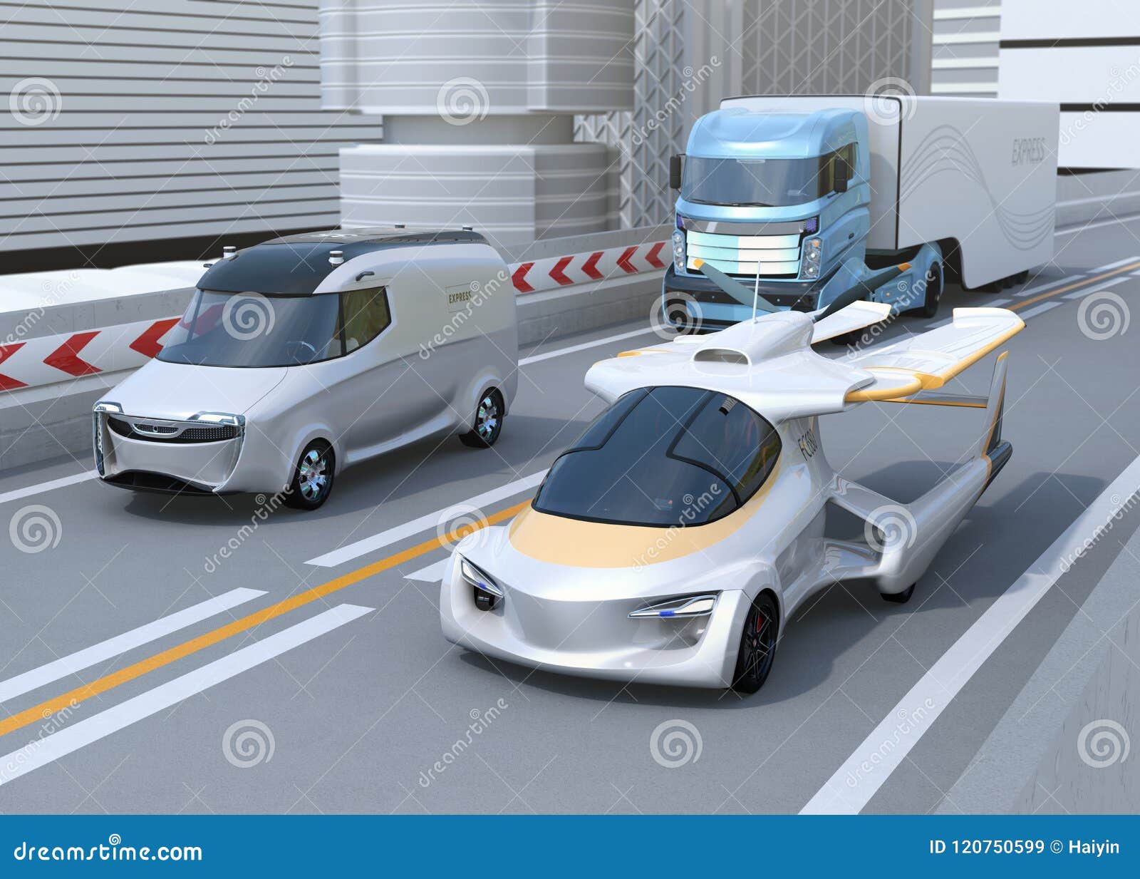 Futuristic Flying Car Driving On The Highway Royalty-Free Stock ...