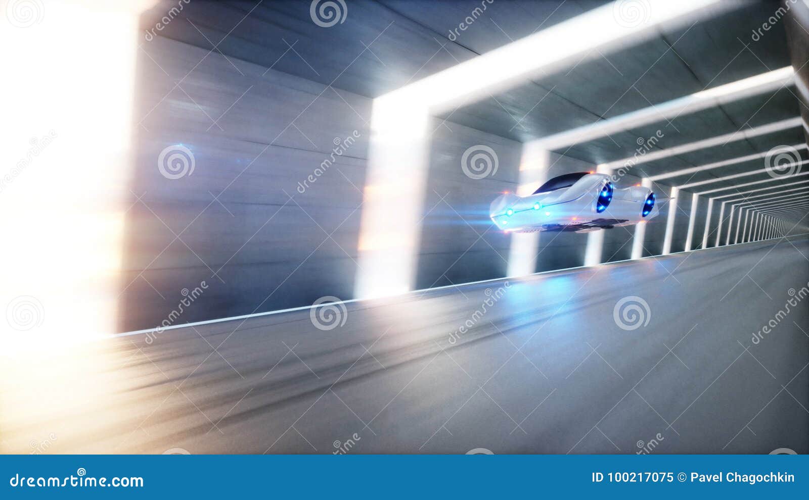 Futuristic Flying Car Fast Driving in Sci Fi Tunnel, Coridor. Concept ...