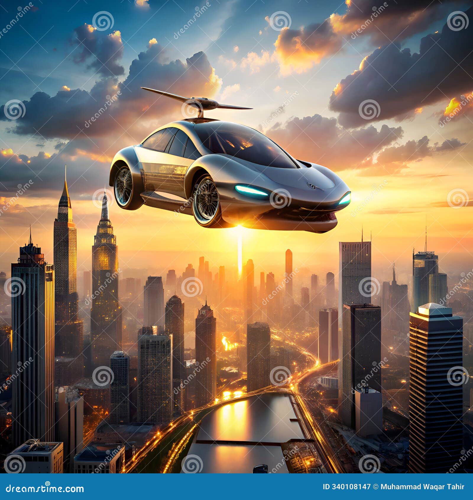 Futuristic Flying Car Soaring Above a Glowing City Stock Illustration ...
