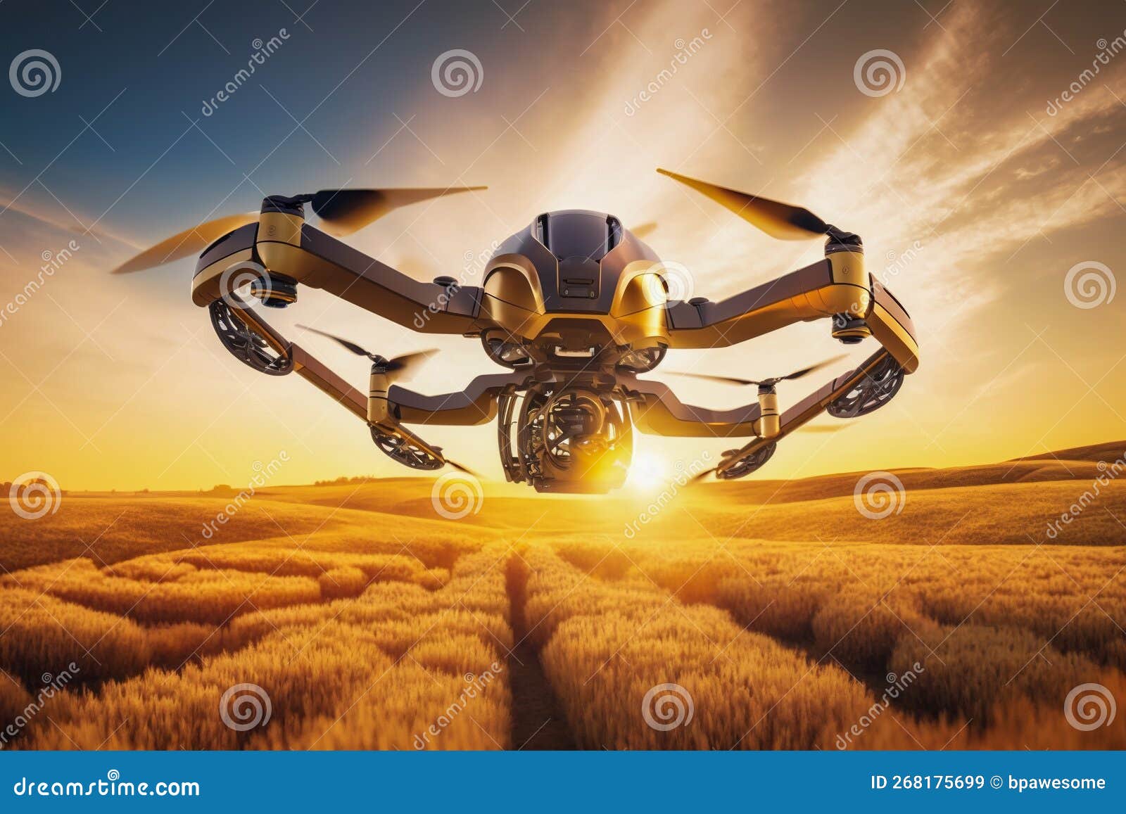 Futuristic Flying Drone Above a Field at Sunrise, Generative AI Stock ...