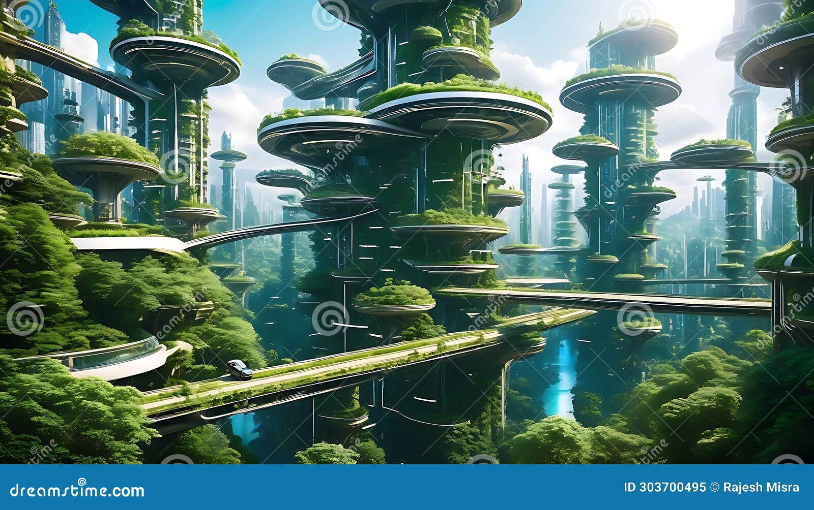 Futuristic forest city stock illustration. Illustration of buildings ...