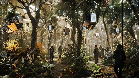 A Futuristic Forest with Large, High-tech Trees Displaying Digital Code ...