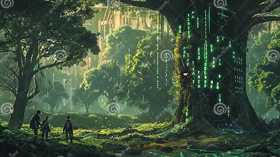 A Futuristic Forest with Large, High-tech Trees Displaying Digital Code ...
