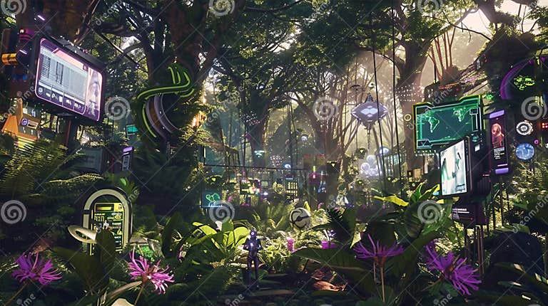 A Futuristic Forest with Large, High-tech Trees Displaying Digital Code ...