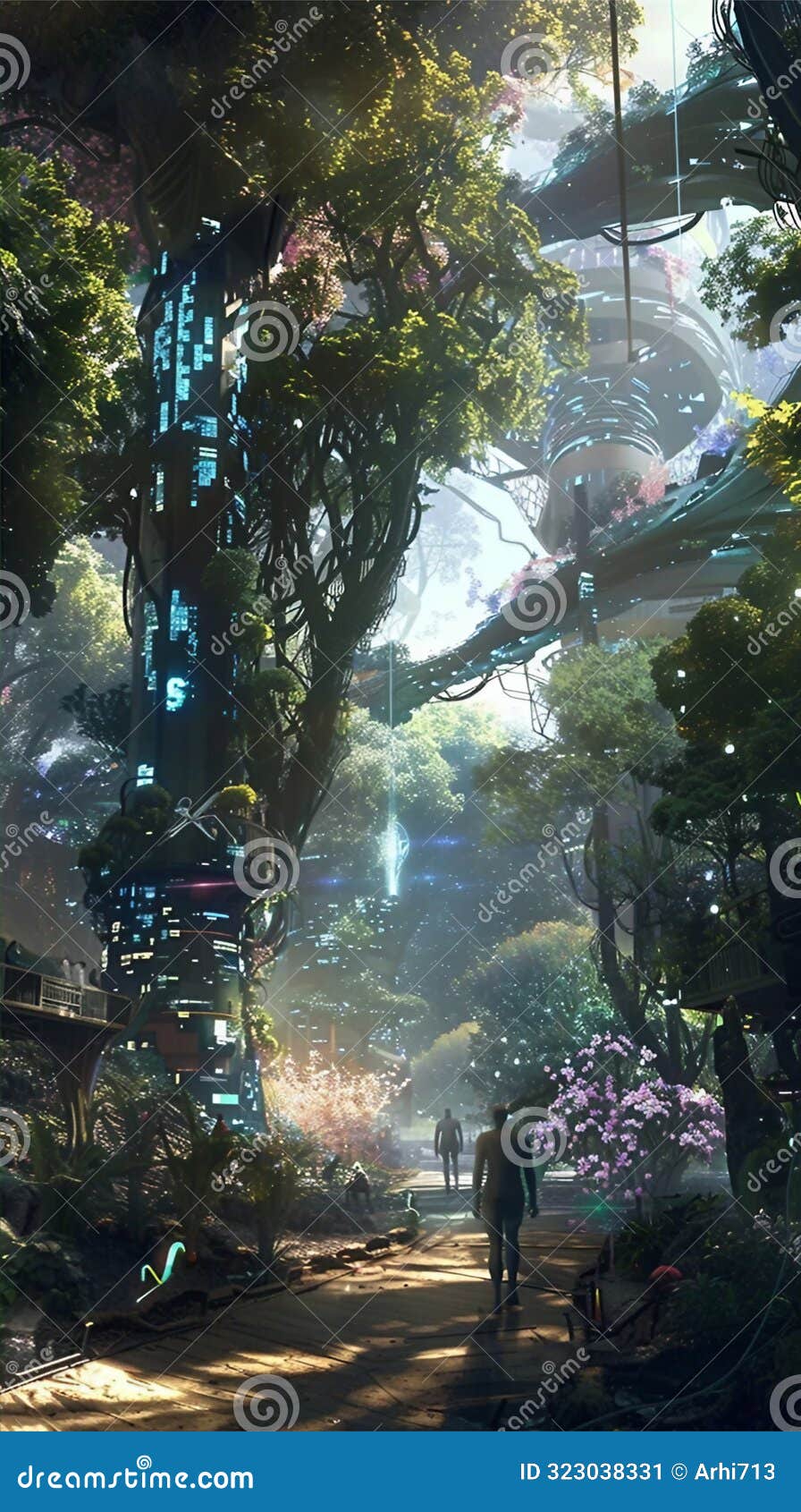 A Futuristic Forest with Large, High-tech Trees Displaying Digital Code ...